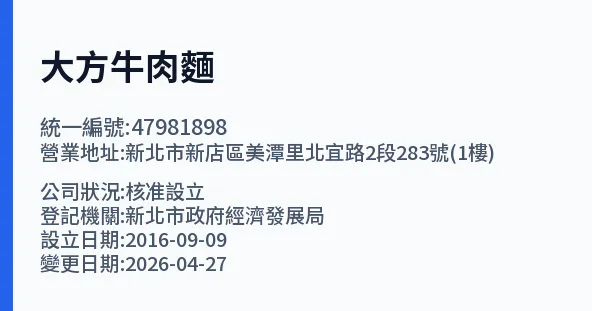 大方牛肉麵的照片-統編 47981898(新北市) 公司登記資料與營業項目詳細圖表