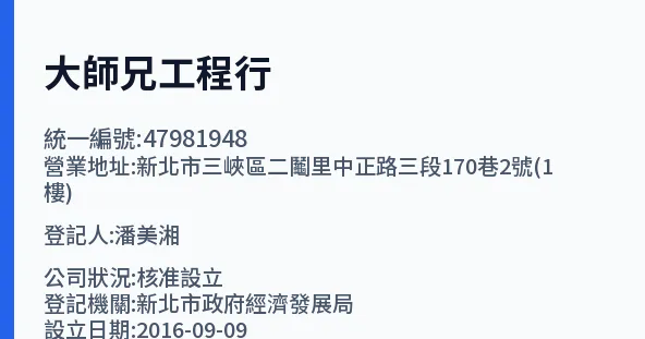 大師兄工程行的照片-統編 47981948(新北市) 公司登記資料與營業項目詳細圖表