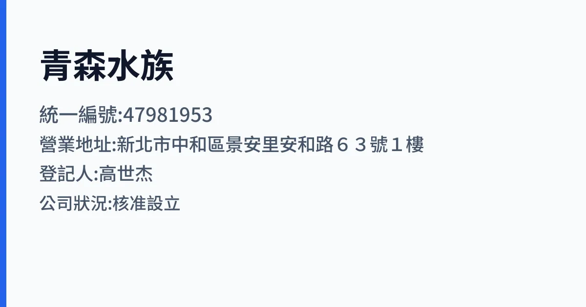 青森水族 - 統編 47981953(新北市) 公司登記資料與營業項目詳細圖表