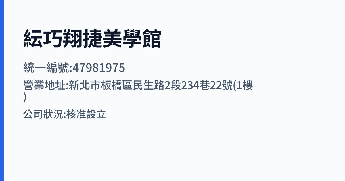 紜巧翔捷美學館 - 統編 47981975(新北市) 公司登記資料與營業項目詳細圖表