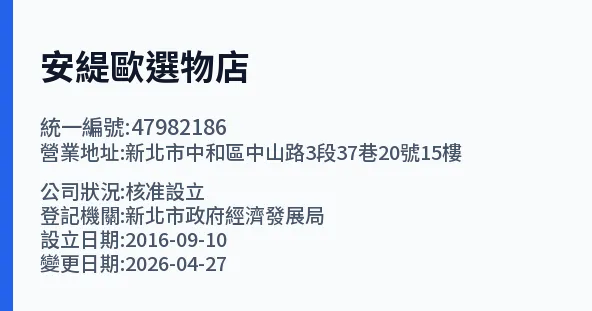 安緹歐選物店的照片-統編 47982186(新北市) 公司登記資料與營業項目詳細圖表