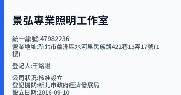 景弘專業照明工作室的照片-統編 47982236(新北市) 公司登記資料與營業項目詳細圖表