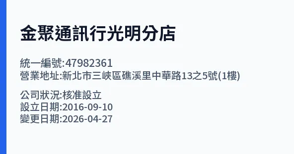 金聚通訊行光明分店的照片-統編 47982361(新北市) 公司登記資料與營業項目詳細圖表