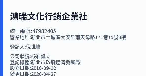 鴻瑞文化行銷企業社的照片-統編 47982405(新北市) 公司登記資料與營業項目詳細圖表