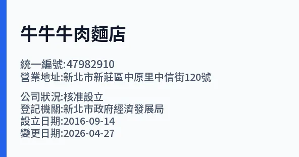 牛牛牛肉麵店的照片-統編 47982910(新北市) 公司登記資料與營業項目詳細圖表