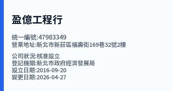 盈億工程行的照片-統編 47983349(新北市) 公司登記資料與營業項目詳細圖表
