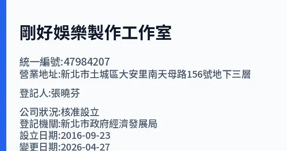 剛好娛樂製作工作室的照片-統編 47984207(新北市) 公司登記資料與營業項目詳細圖表