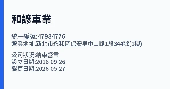 和諺車業的照片-統編 47984776(新北市) 公司登記資料與營業項目詳細圖表