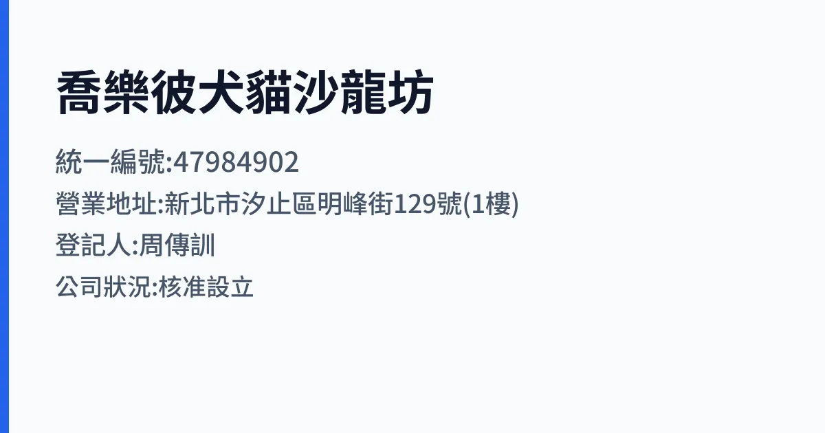 喬樂彼犬貓沙龍坊 - 統編 47984902(新北市) 公司登記資料與營業項目詳細圖表