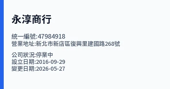 永淳商行的照片-統編 47984918(新北市) 公司登記資料與營業項目詳細圖表