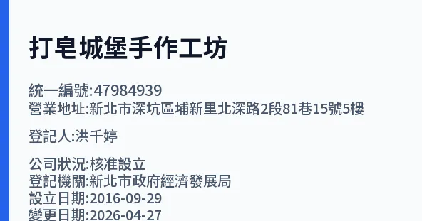 打皂城堡手作工坊的照片-統編 47984939(新北市) 公司登記資料與營業項目詳細圖表