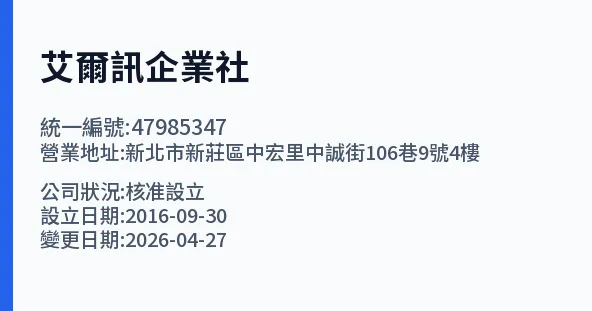 艾爾訊企業社的照片-統編 47985347(新北市) 公司登記資料與營業項目詳細圖表
