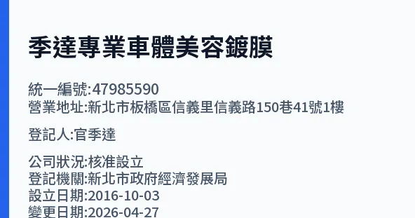 季達專業車體美容鍍膜的照片-統編 47985590(新北市) 公司登記資料與營業項目詳細圖表