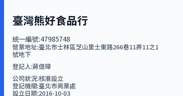 臺灣熊好食品行的照片-統編 47985748(臺北市) 公司登記資料與營業項目詳細圖表