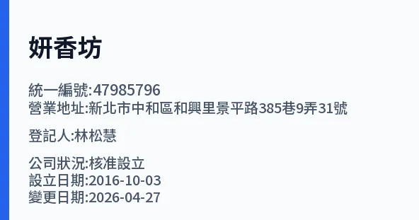 妍香坊的照片-統編 47985796(新北市) 公司登記資料與營業項目詳細圖表