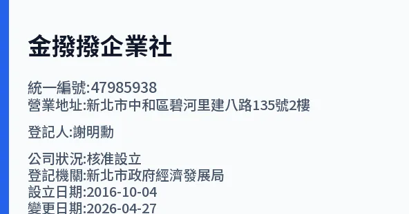 金撥撥企業社的照片-統編 47985938(新北市) 公司登記資料與營業項目詳細圖表