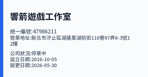 響箭遊戲工作室的照片-統編 47986211(新北市) 公司登記資料與營業項目詳細圖表