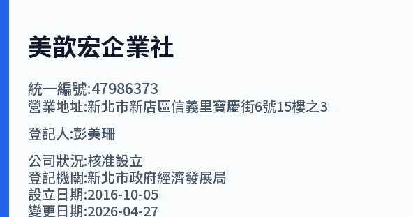 美歆宏企業社的照片-統編 47986373(新北市) 公司登記資料與營業項目詳細圖表