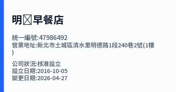 明徳早餐店的照片-統編 47986492(新北市) 公司登記資料與營業項目詳細圖表