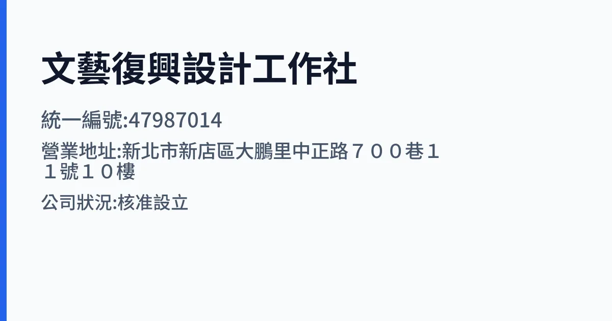文藝復興設計工作社 - 統編 47987014(新北市) 公司登記資料與營業項目詳細圖表
