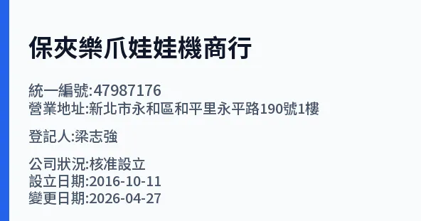 保夾樂爪娃娃機商行的照片-統編 47987176(新北市) 公司登記資料與營業項目詳細圖表