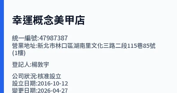 幸運概念美甲店的照片-統編 47987387(新北市) 公司登記資料與營業項目詳細圖表