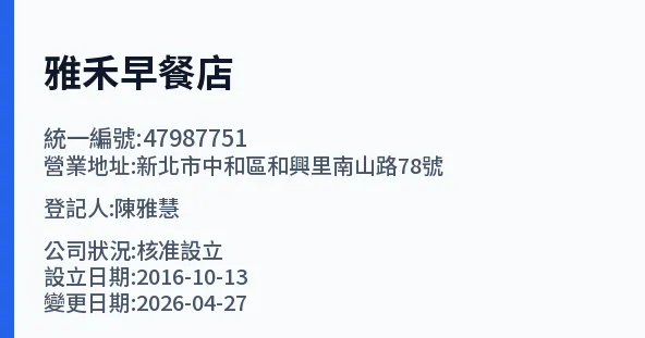 雅禾早餐店的照片-統編 47987751(新北市) 公司登記資料與營業項目詳細圖表