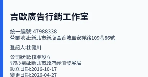 吉歐廣告行銷工作室的照片-統編 47988338(新北市) 公司登記資料與營業項目詳細圖表