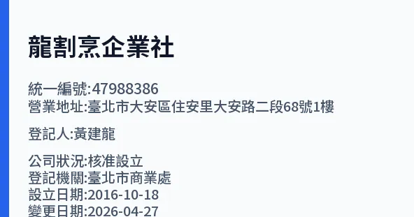 龍割烹企業社的照片-統編 47988386(臺北市) 公司登記資料與營業項目詳細圖表