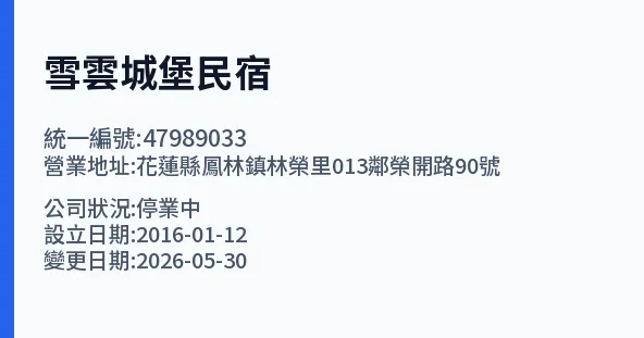 雪雲城堡民宿的照片-統編 47989033(花蓮縣) 公司登記資料與營業項目詳細圖表