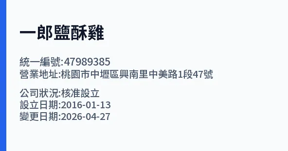 一郎鹽酥雞的照片-統編 47989385(桃園市) 公司登記資料與營業項目詳細圖表