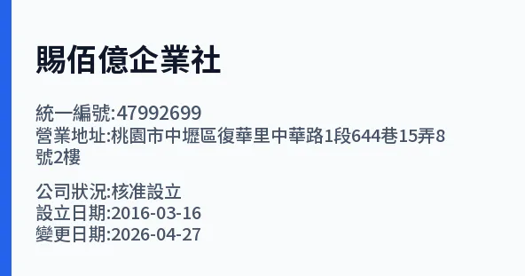 賜佰億企業社的照片-統編 47992699(桃園市) 公司登記資料與營業項目詳細圖表