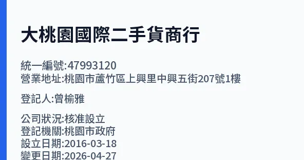 大桃園國際二手貨商行的照片-統編 47993120(桃園市) 公司登記資料與營業項目詳細圖表
