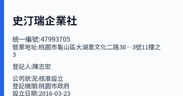 史汀瑞企業社的照片-統編 47993705(桃園市) 公司登記資料與營業項目詳細圖表