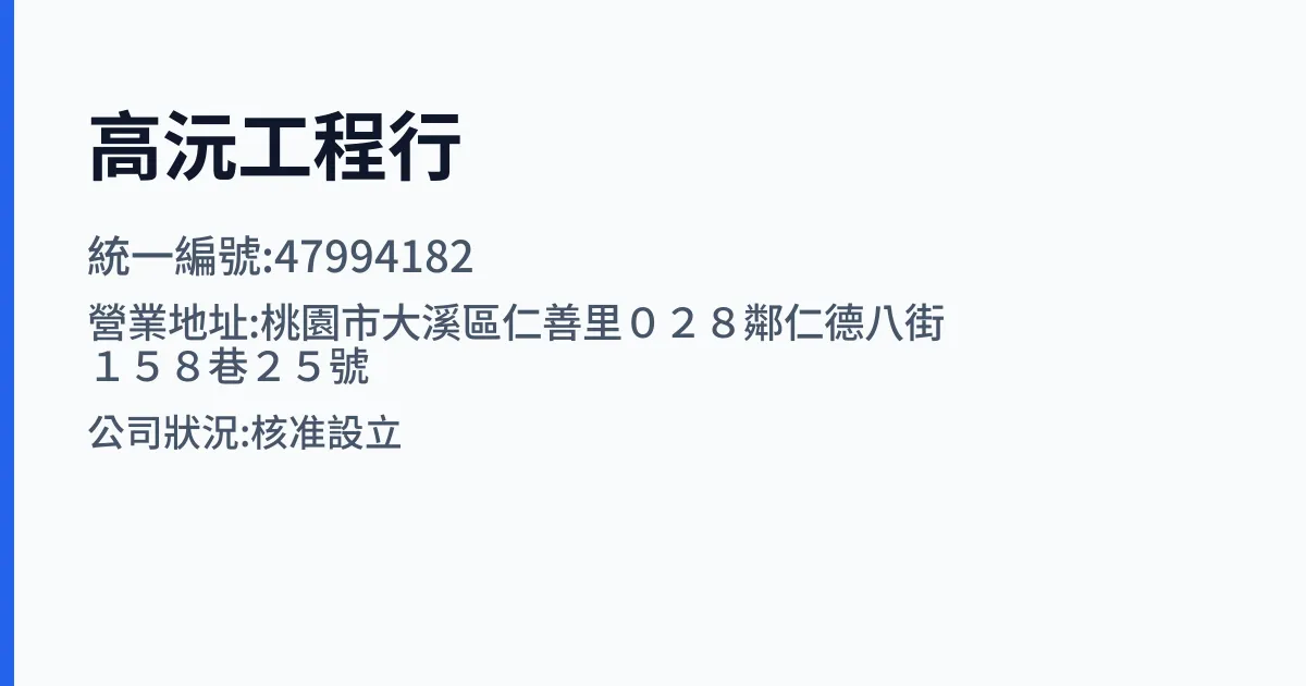 高沅工程行 - 統編 47994182(桃園市) 公司登記資料與營業項目詳細圖表