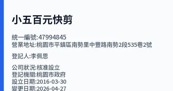 小五百元快剪的照片-統編 47994845(桃園市) 公司登記資料與營業項目詳細圖表