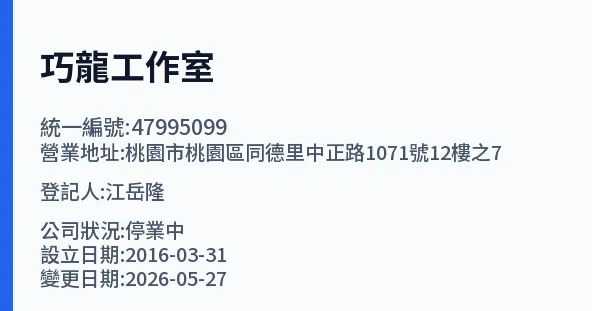 巧龍工作室的照片-統編 47995099(桃園市) 公司登記資料與營業項目詳細圖表