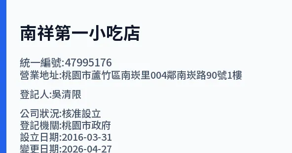 南祥第一小吃店的照片-統編 47995176(桃園市) 公司登記資料與營業項目詳細圖表