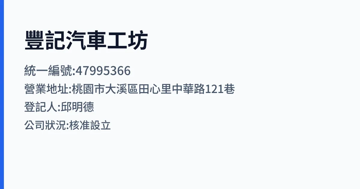 豐記汽車工坊 - 統編 47995366(桃園市) 公司登記資料與營業項目詳細圖表