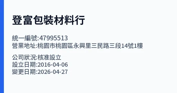 登富包裝材料行的照片-統編 47995513(桃園市) 公司登記資料與營業項目詳細圖表