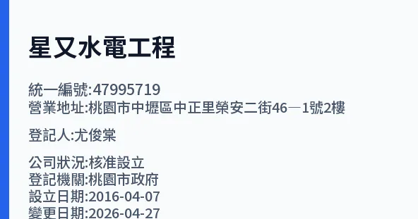 星又水電工程的照片-統編 47995719(桃園市) 公司登記資料與營業項目詳細圖表