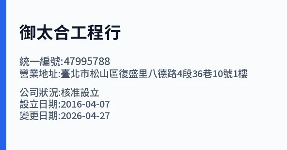 御太合工程行的照片-統編 47995788(臺北市) 公司登記資料與營業項目詳細圖表