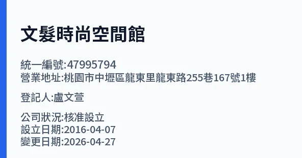 文髮時尚空間館的照片-統編 47995794(桃園市) 公司登記資料與營業項目詳細圖表