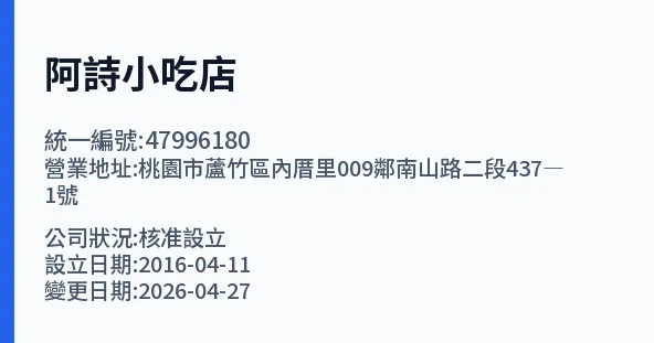 阿詩小吃店的照片-統編 47996180(桃園市) 公司登記資料與營業項目詳細圖表
