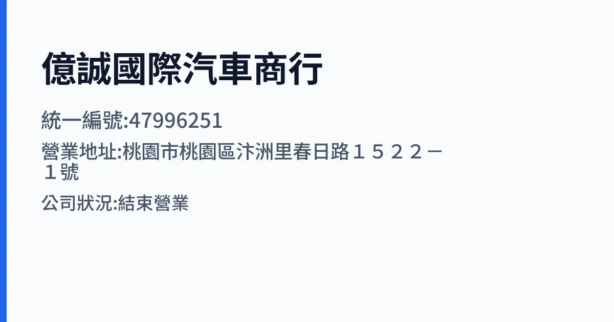 億誠國際汽車商行 - 統編 47996251(桃園市) 公司登記資料與營業項目詳細圖表