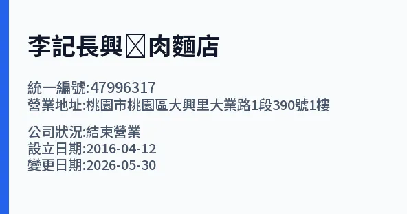 李記長興鹅肉麵店的照片-統編 47996317(桃園市) 公司登記資料與營業項目詳細圖表