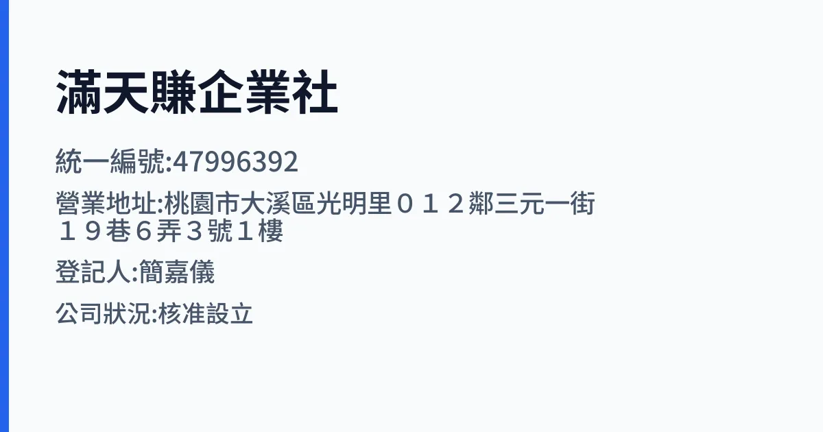 滿天賺企業社 - 統編 47996392(桃園市) 公司登記資料與營業項目詳細圖表