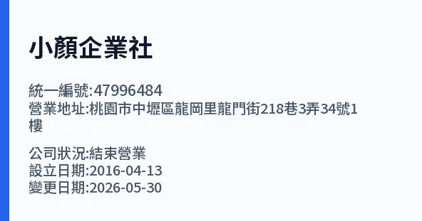 小顏企業社的照片-統編 47996484(桃園市) 公司登記資料與營業項目詳細圖表