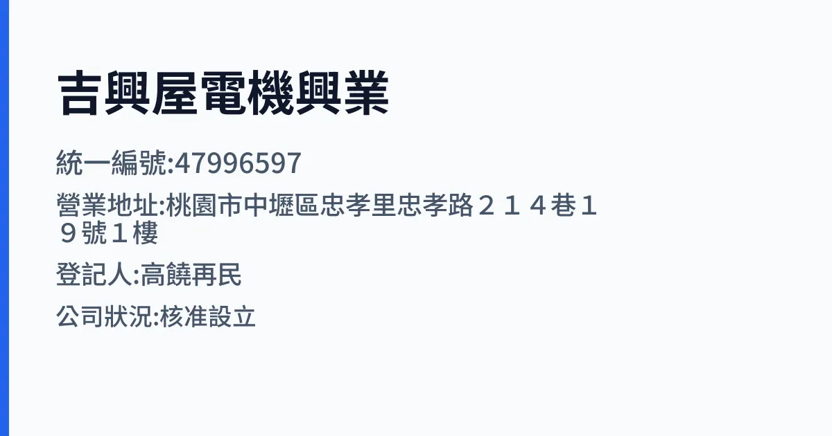 吉興屋電機興業 - 統編 47996597(桃園市) 公司登記資料與營業項目詳細圖表