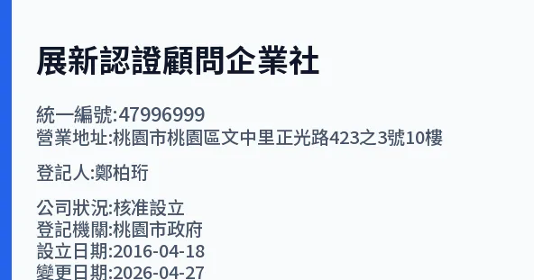 展新認證顧問企業社的照片-統編 47996999(桃園市) 公司登記資料與營業項目詳細圖表